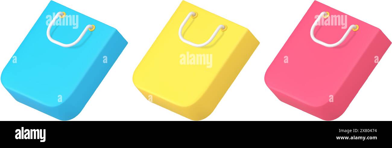 Bright glossy isometric paper shopping bags purchase package set 3d ...