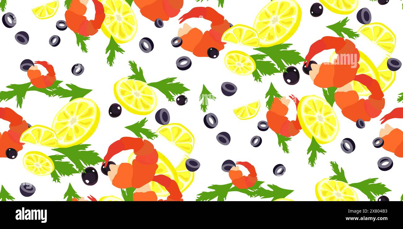 Shrimp prawn, olive, lemon seamless pattern. Appetizer food. Boiled ...