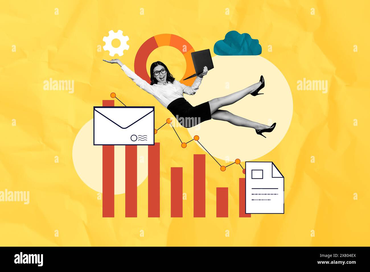 Composite collage of graphics interface stats diagram success lady hold ...