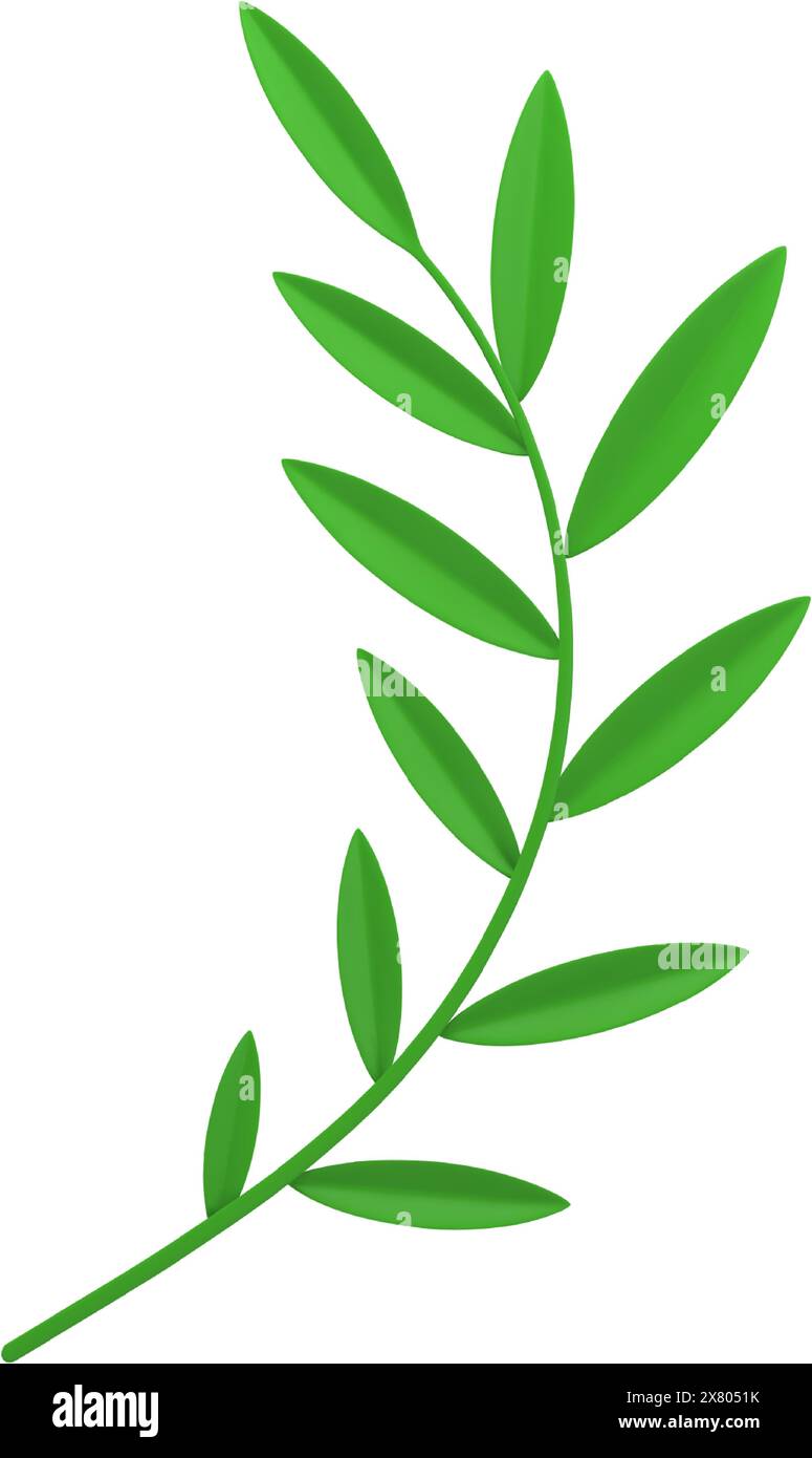 Green tropical tree branch curved wooden stem with lush leaves 3d icon ...