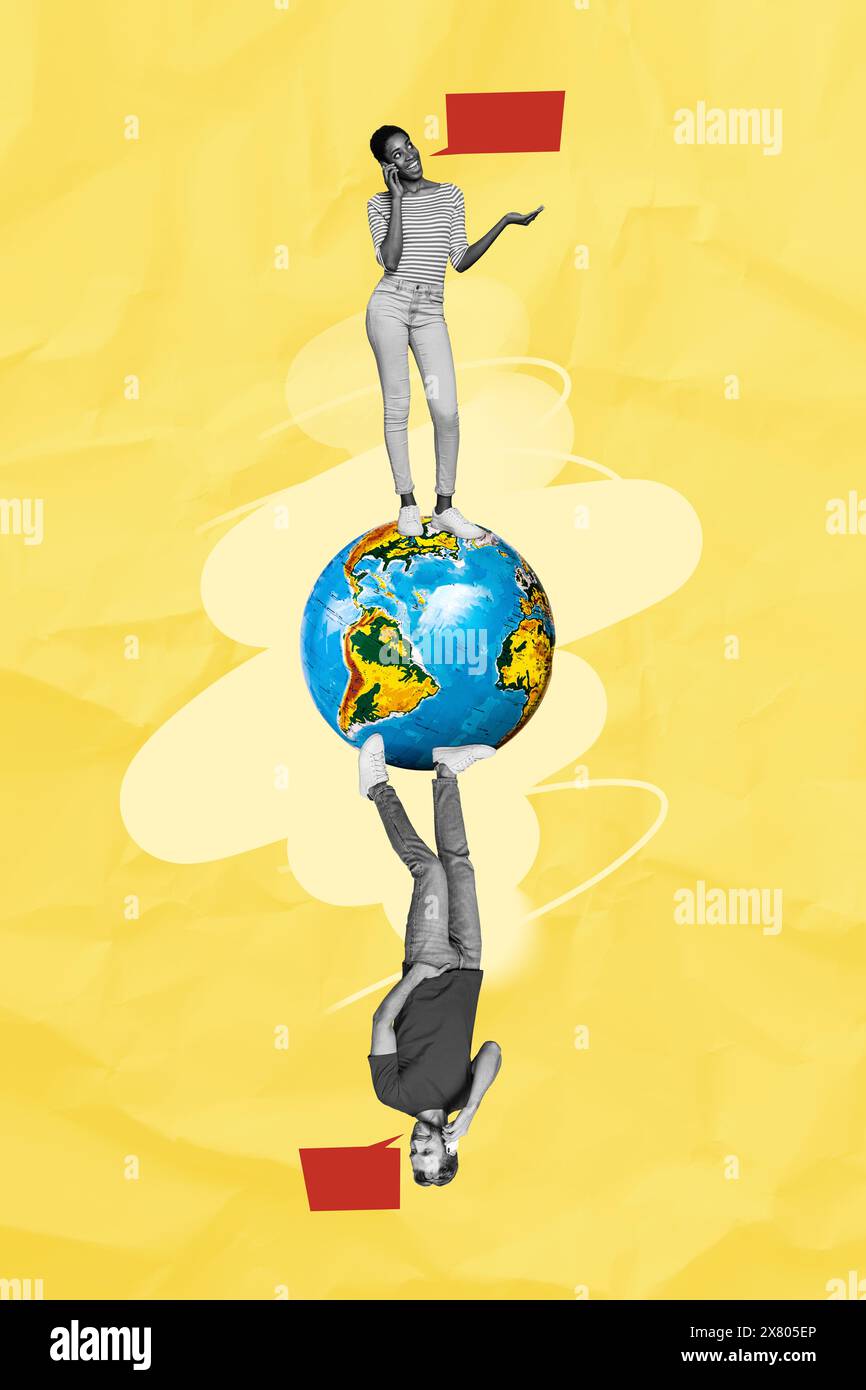 Composite 3D photo collage image of small globe couple man lady stand ...