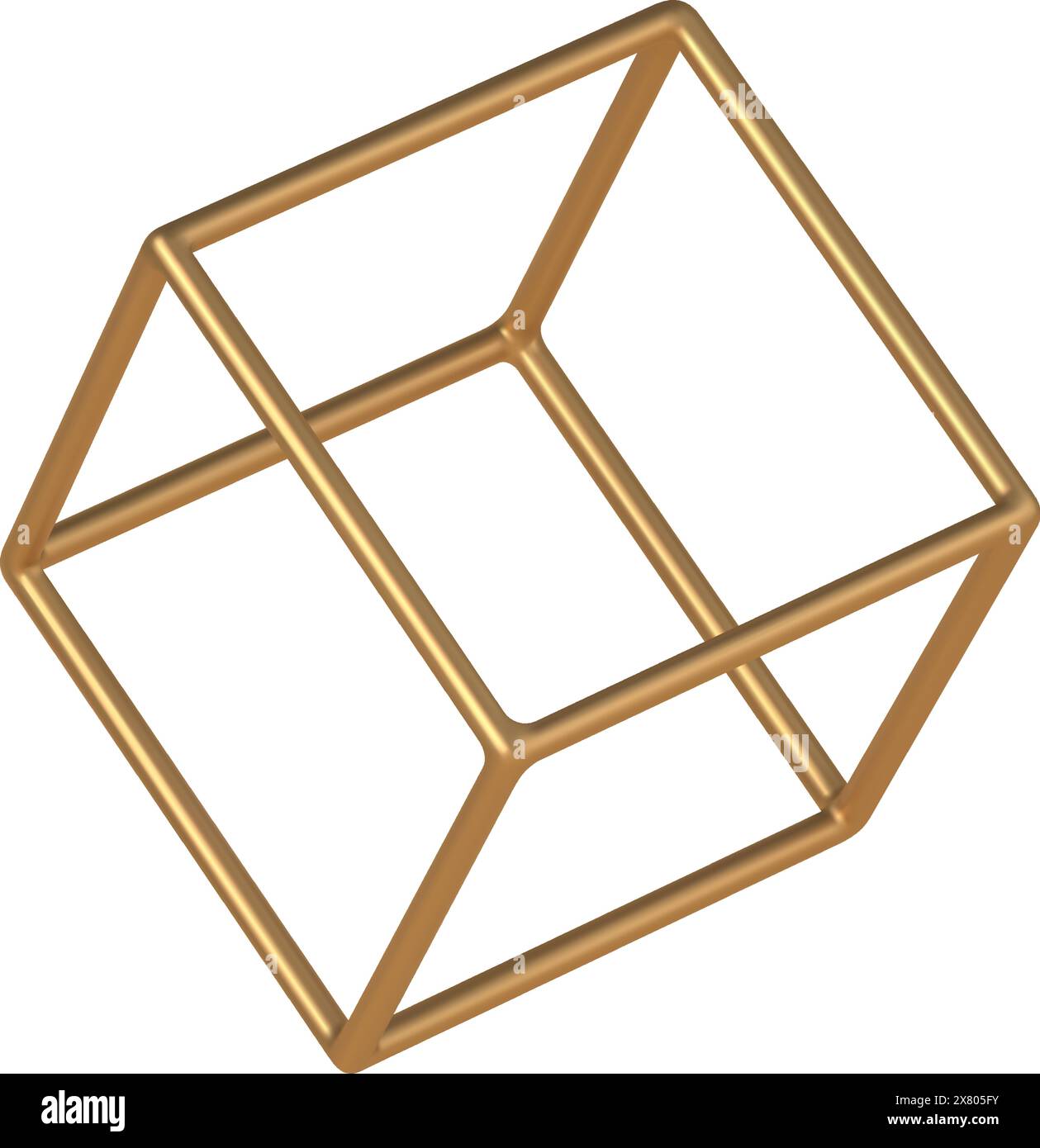 Golden linear 3d cube vector template. Geometric design piece with graphic perspective for ...