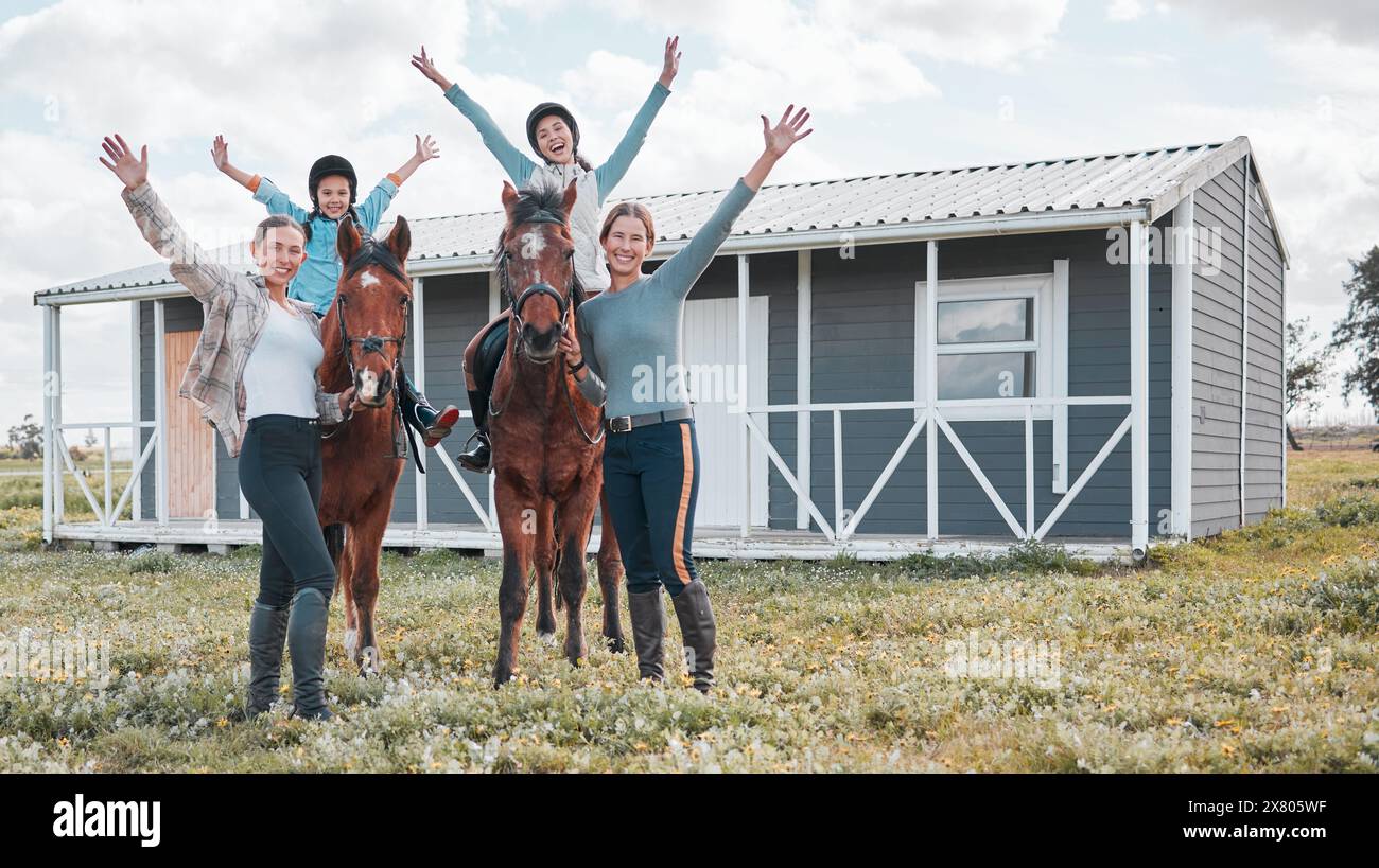 Celebration, equestrian or horse riding with teachers and children on ...