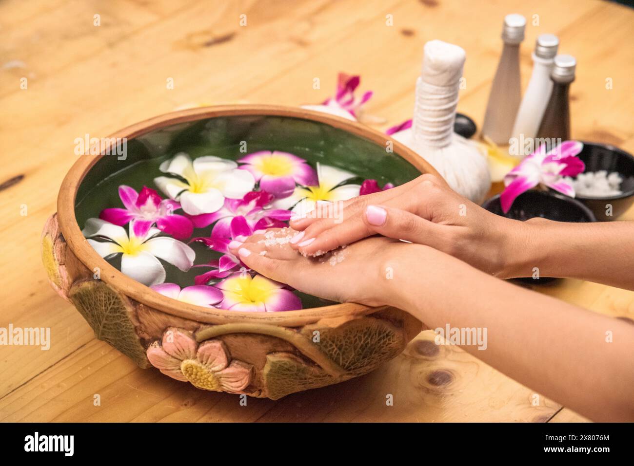 Spa hand massage therapy relax treatment in spa salon. Happiness beauty ...