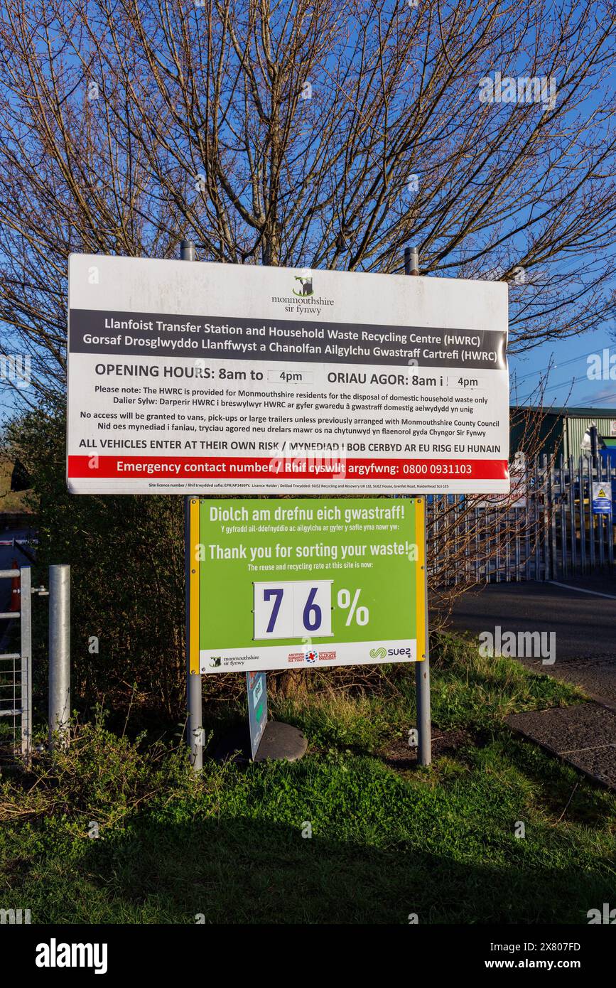 Recycling centre sign showing percentage of waste sorted, Llanfoist ...