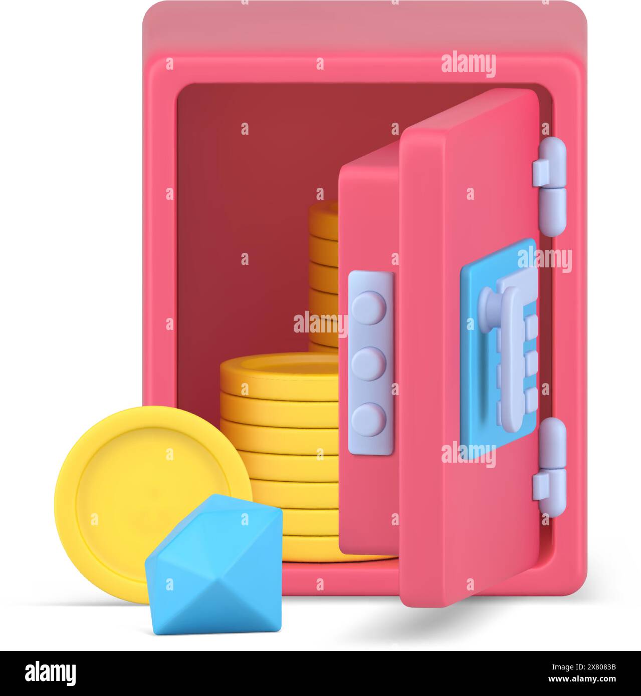 Open 3D bank safe icon with gold coins and diamonds. Pink armored vault ...