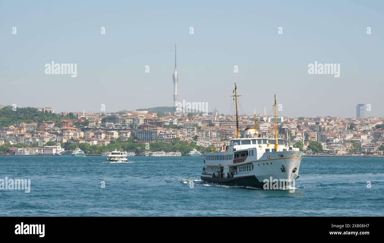Passenger ship on the sea with Televisin Tower, buildings in İstanbul ...