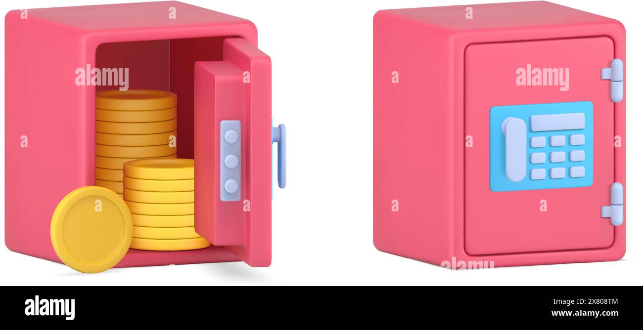 Volumetric safe with gold coins. Closed and open pink armored box with ...