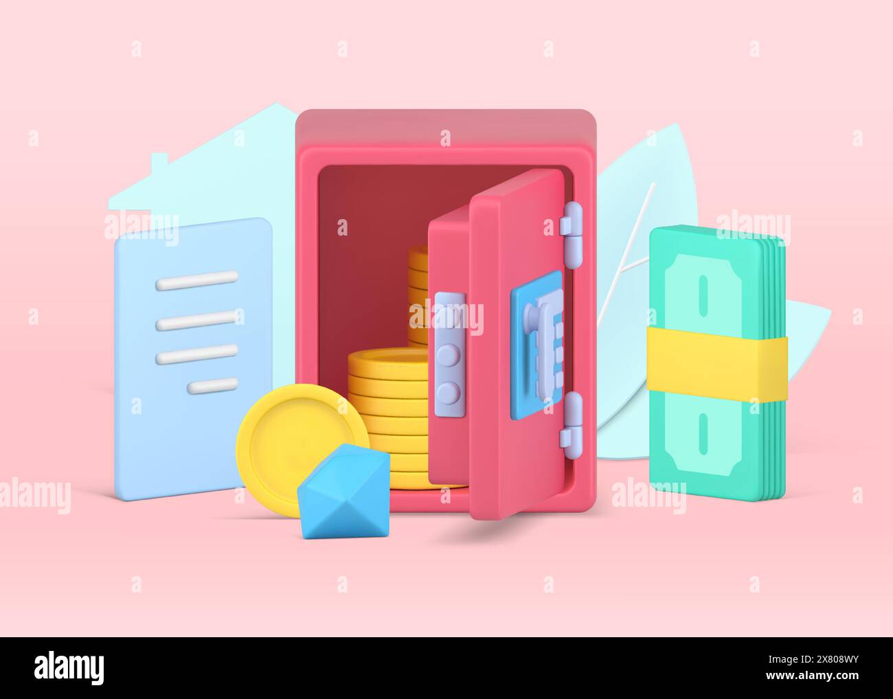 Secured bank safe 3d realistic icon. Pink armored box with open door ...