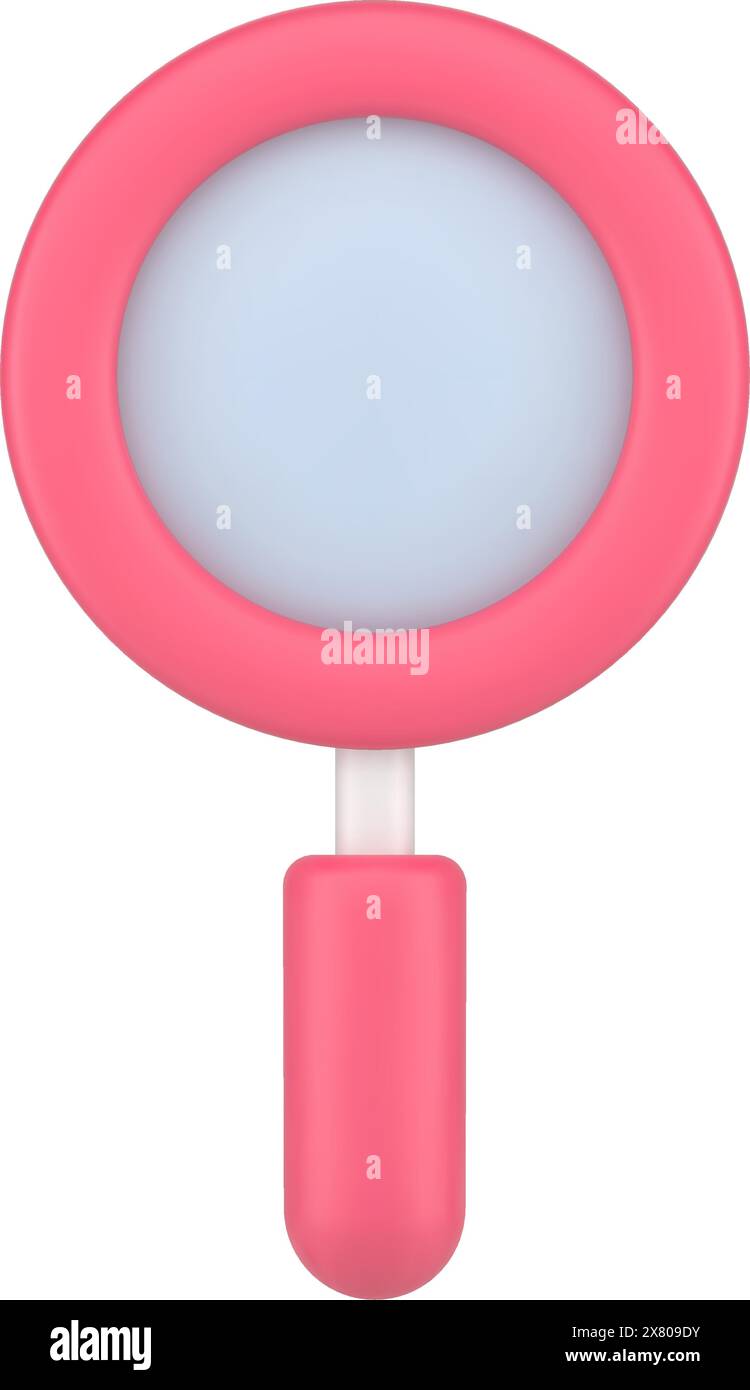 Pink magnifying glass 3d realistic icon. Business project analytics and ...
