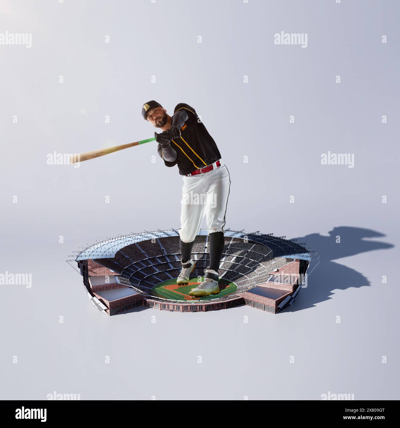 3D render. Focused man, baseball player during game with bat, playing ...