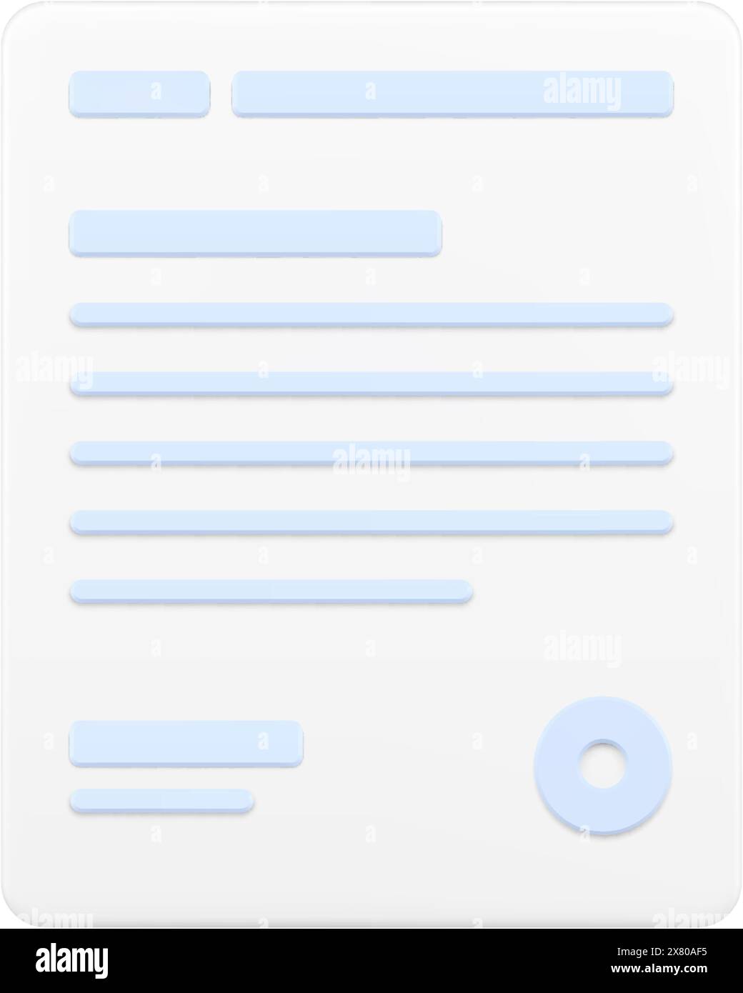 Business document 3d icon. White page with text lines and round stamp ...