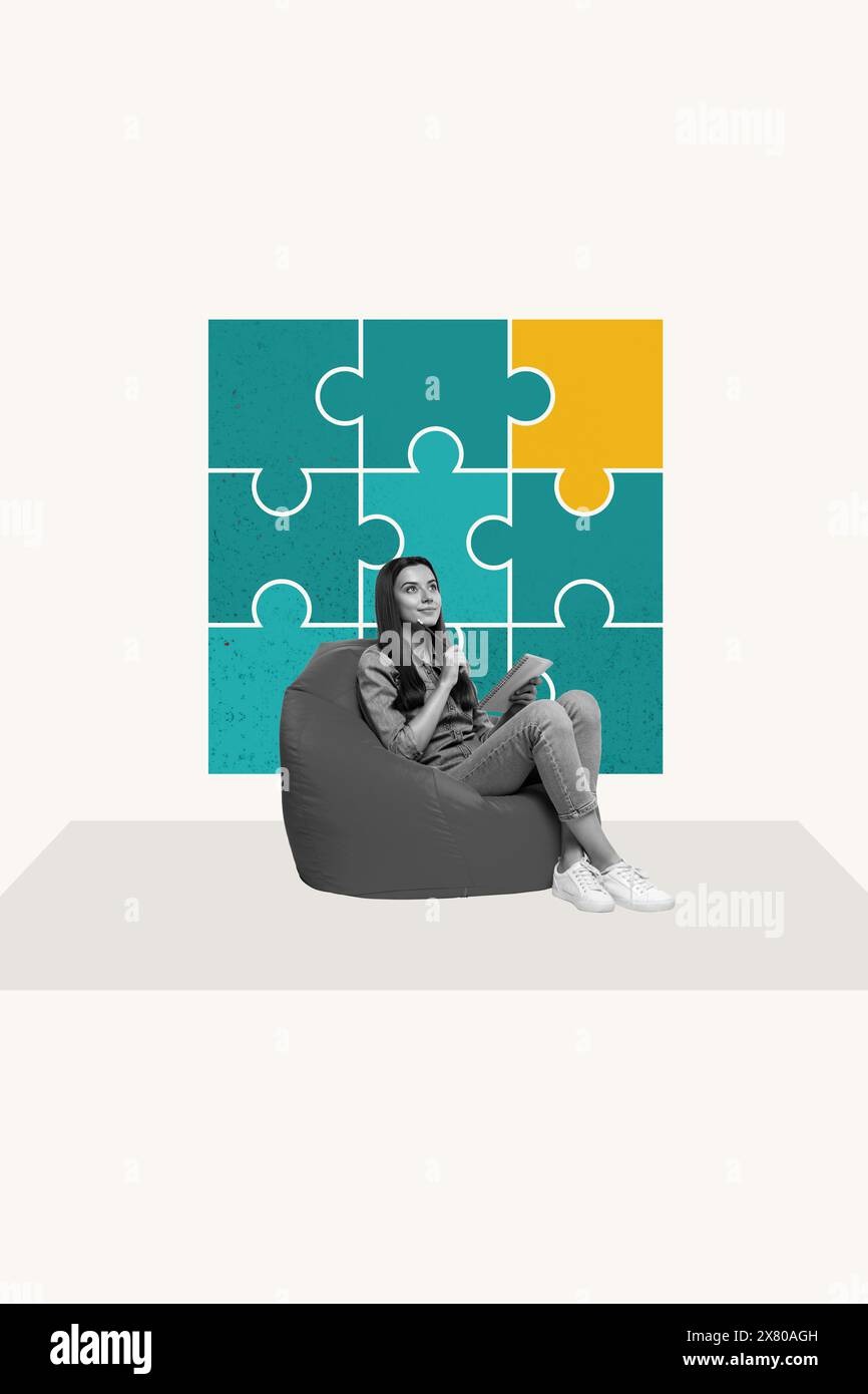 Vertical picture image collage young excited girl puzzle game logic ...