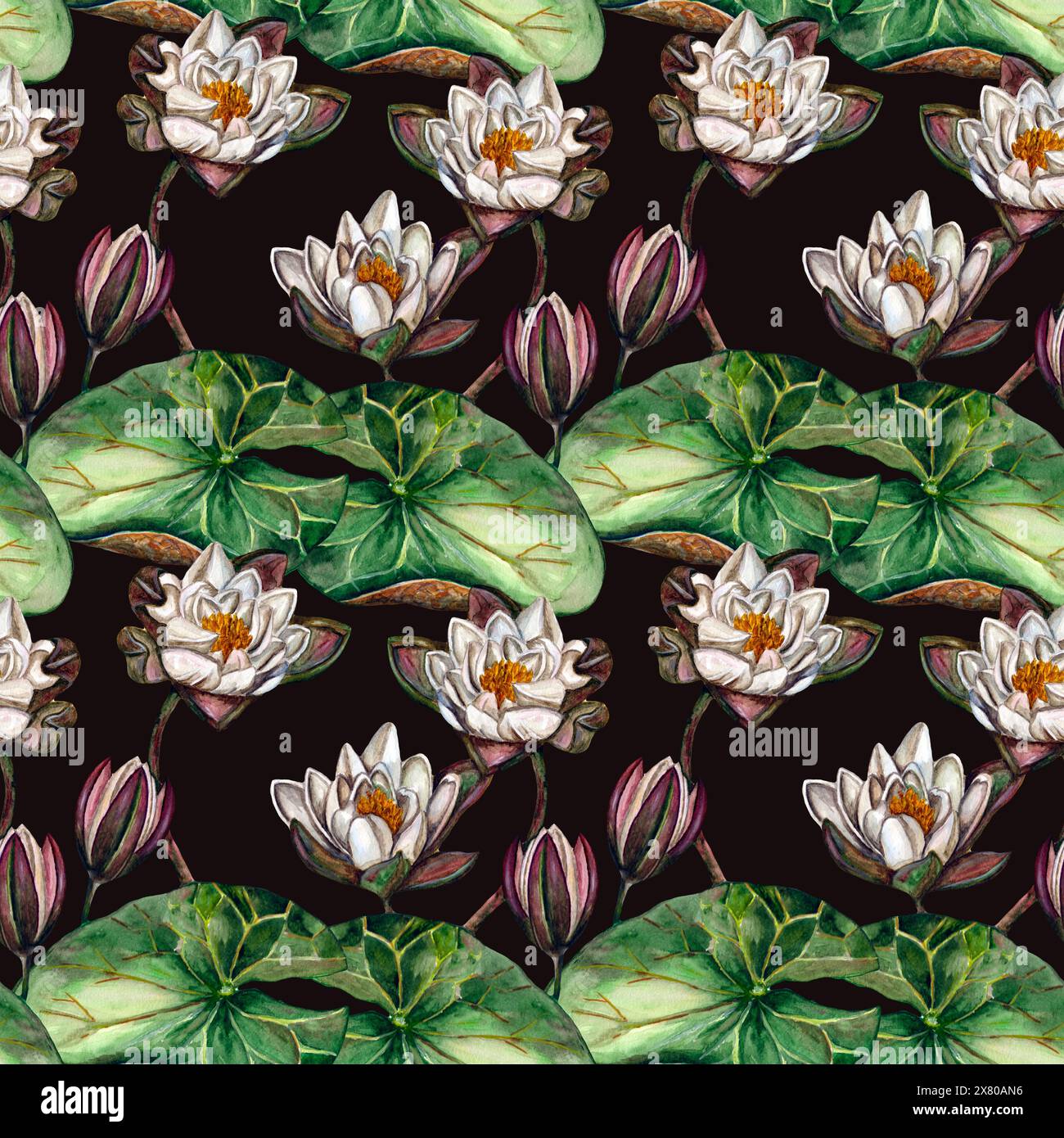 Seamless watercolor realistic botanical pattern with white marsh lilies ...