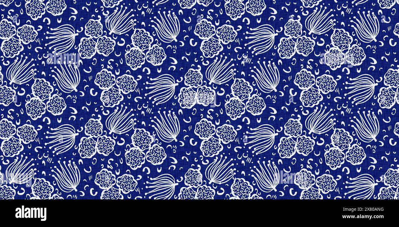Indigo denim blue leaf motif seamless border. Japanese dye batik fabric ...