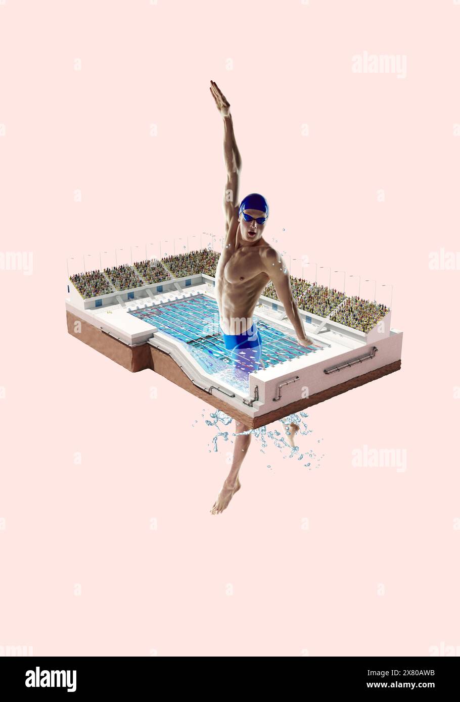 Creative collage with muscular young man, swimmer in motion swimming in ...
