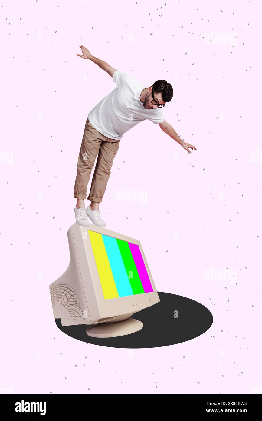 Vertical photo collage of asonished guy stand tip toe computer monitor ...