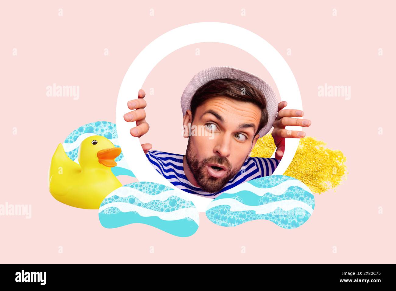 Composite photo collage of cunning guy peek circle lifebuoy duck toy ...