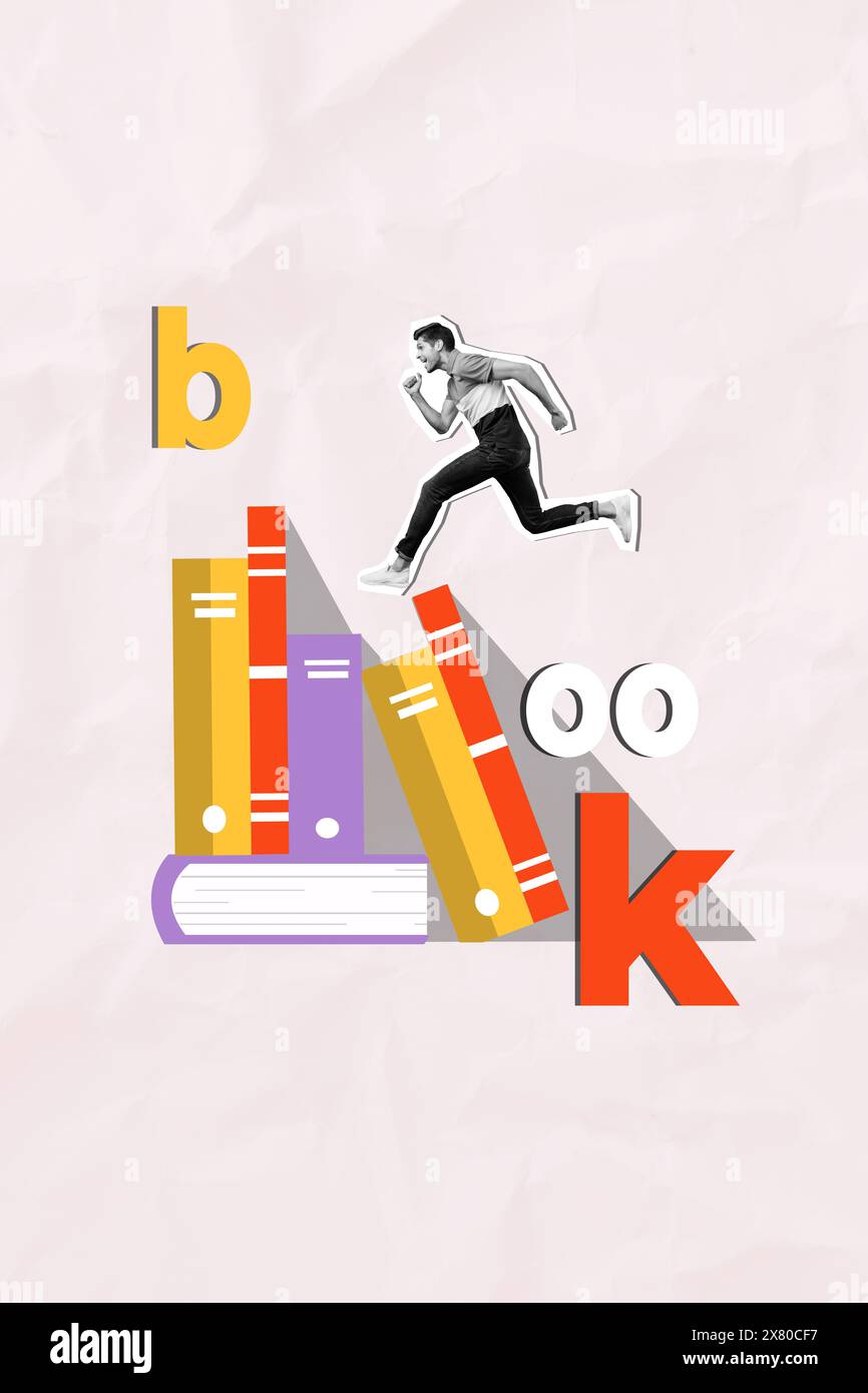 Vertical photo collage of happy guy student run library university ...