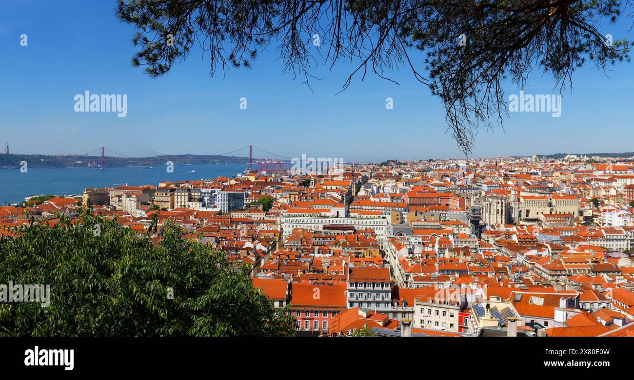 panoramic photo of the cityscape of Lisbon and the Tagus river on a ...