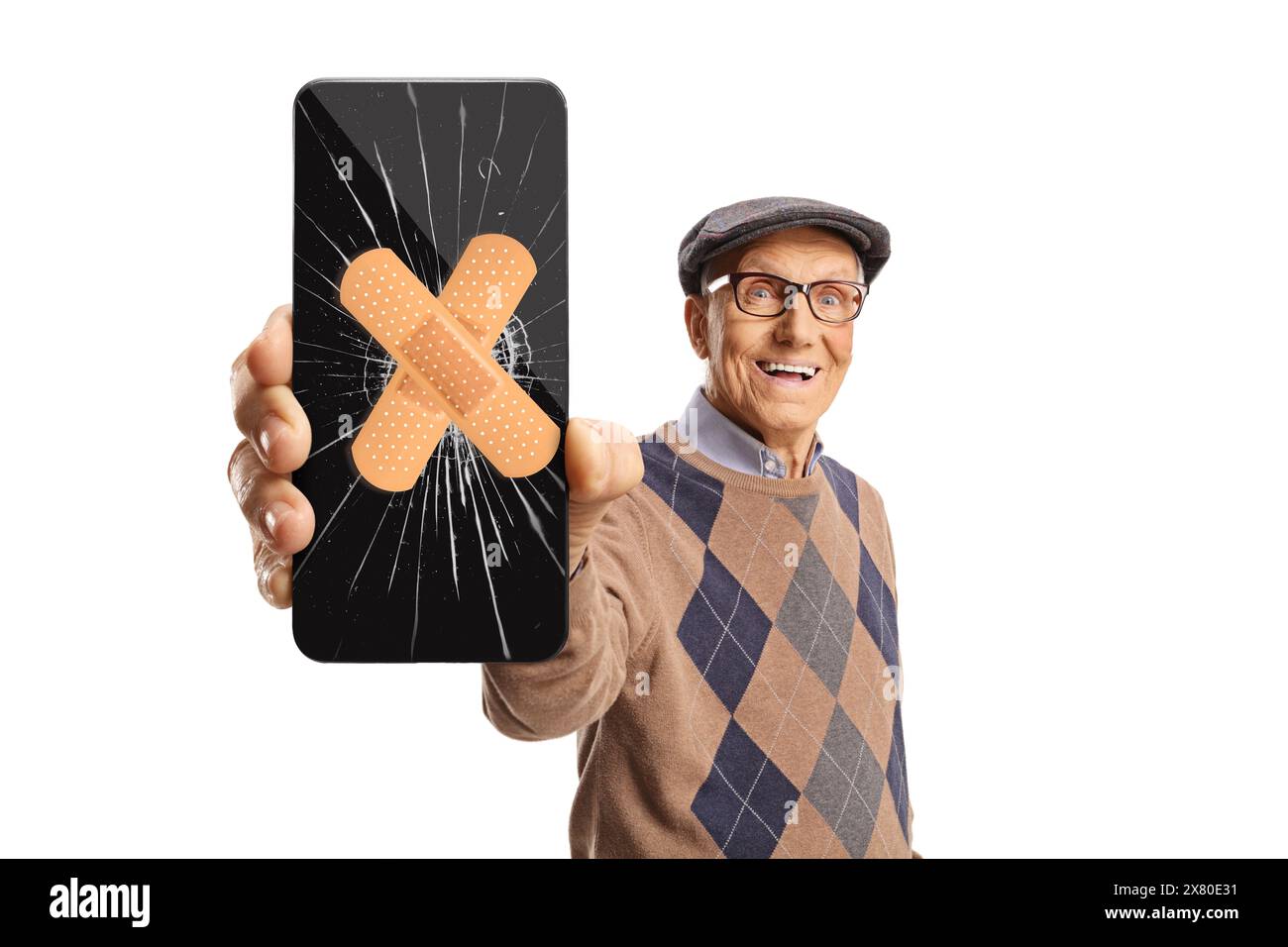Senior man holding a mobile phone with cracked screen fixed with a tape ...