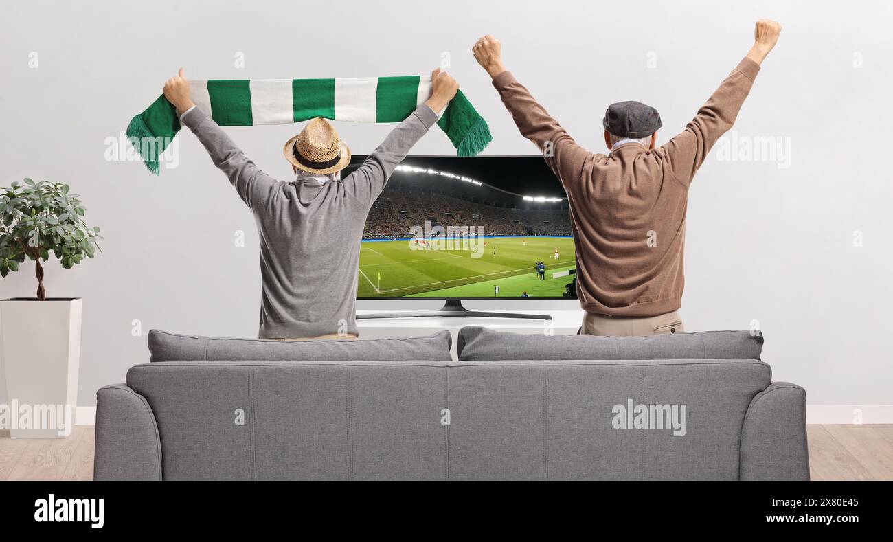 Rear view shot of elderly men watching football match on tv and jumping ...