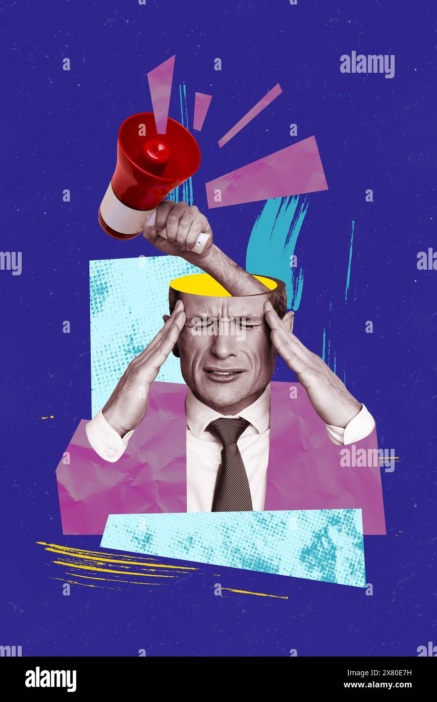 Vertical photo collage of frown stressed man instead brain loudspeaker ...