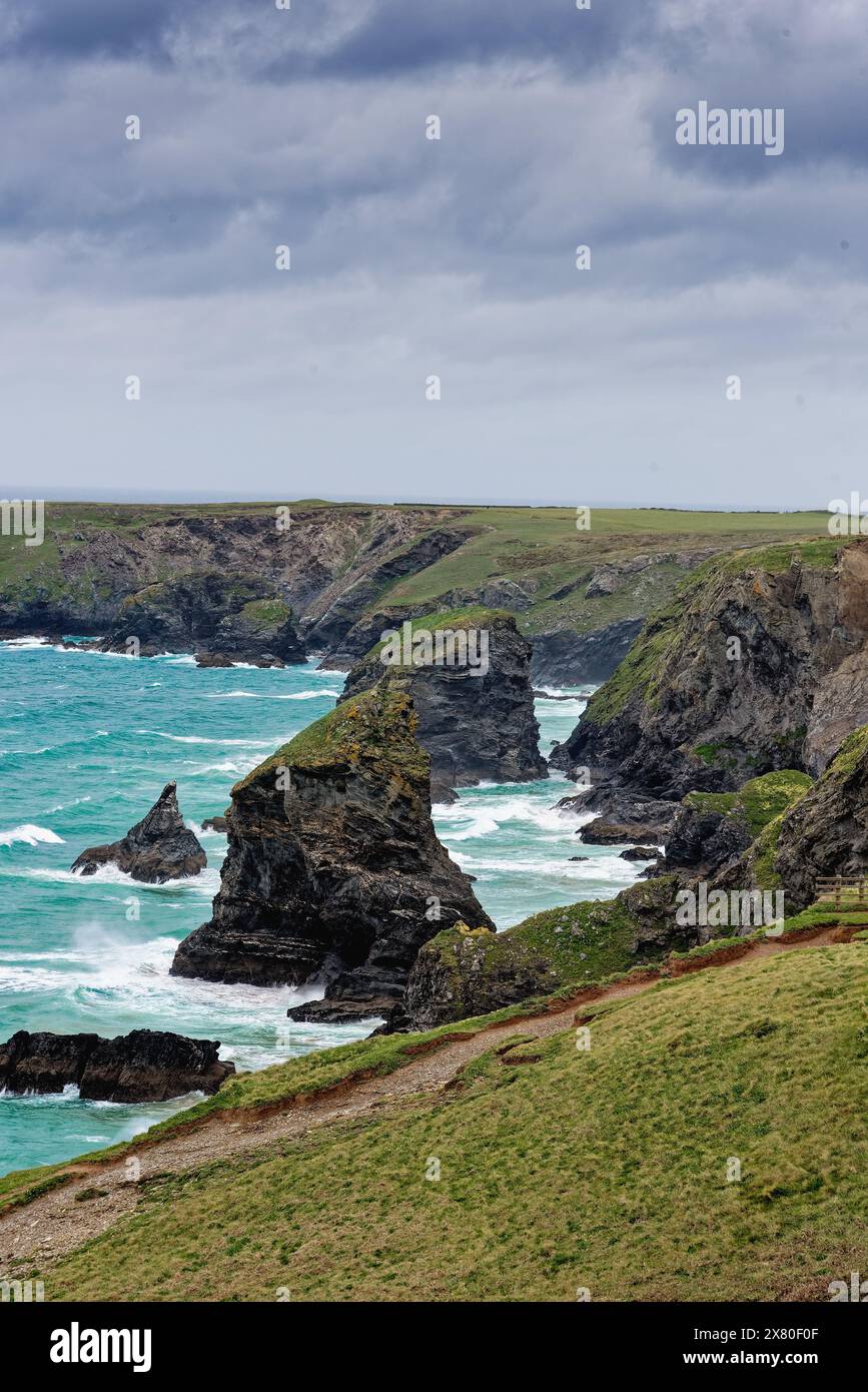 The coastline at Bedruthan Steps North Cornwall on a stormy spring day ...