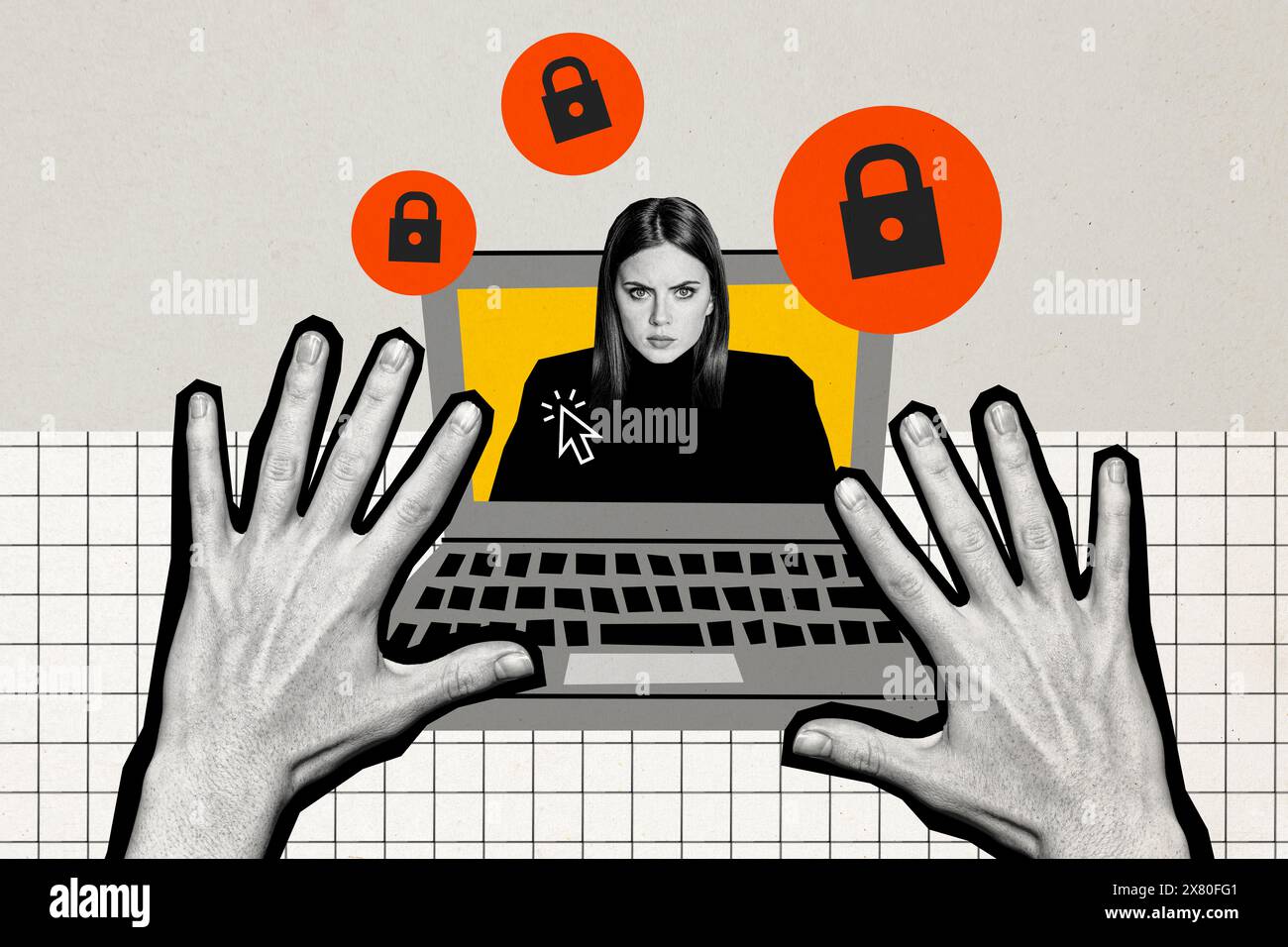 Composite photo collage of scared man programmer macbook hacked spyware ...