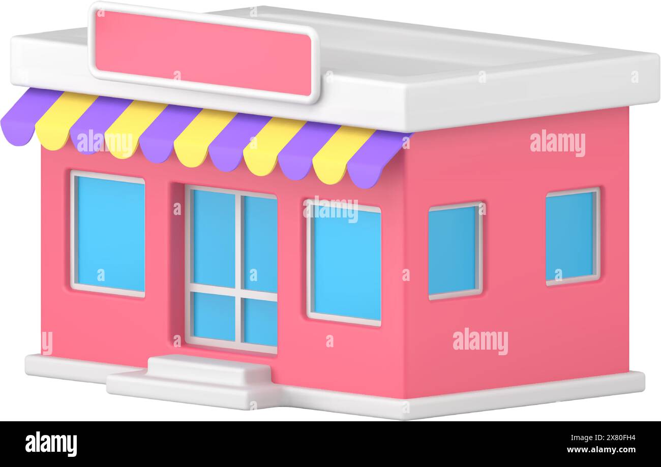 Realistic 3d icon pink grocery awning store building facade front side ...