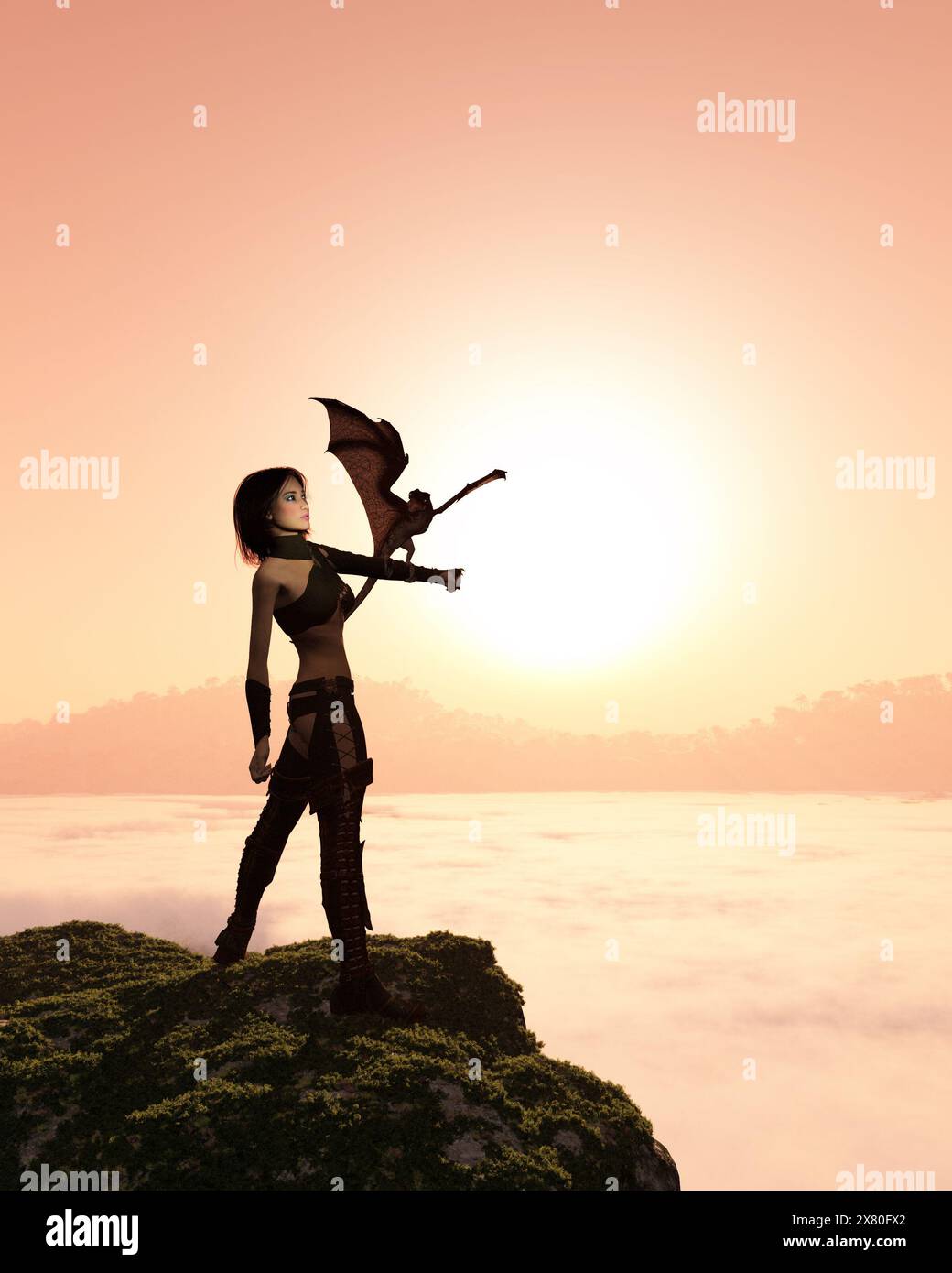 Female Dragon Trainer with Baby Dragon Above the Forest Valley at ...