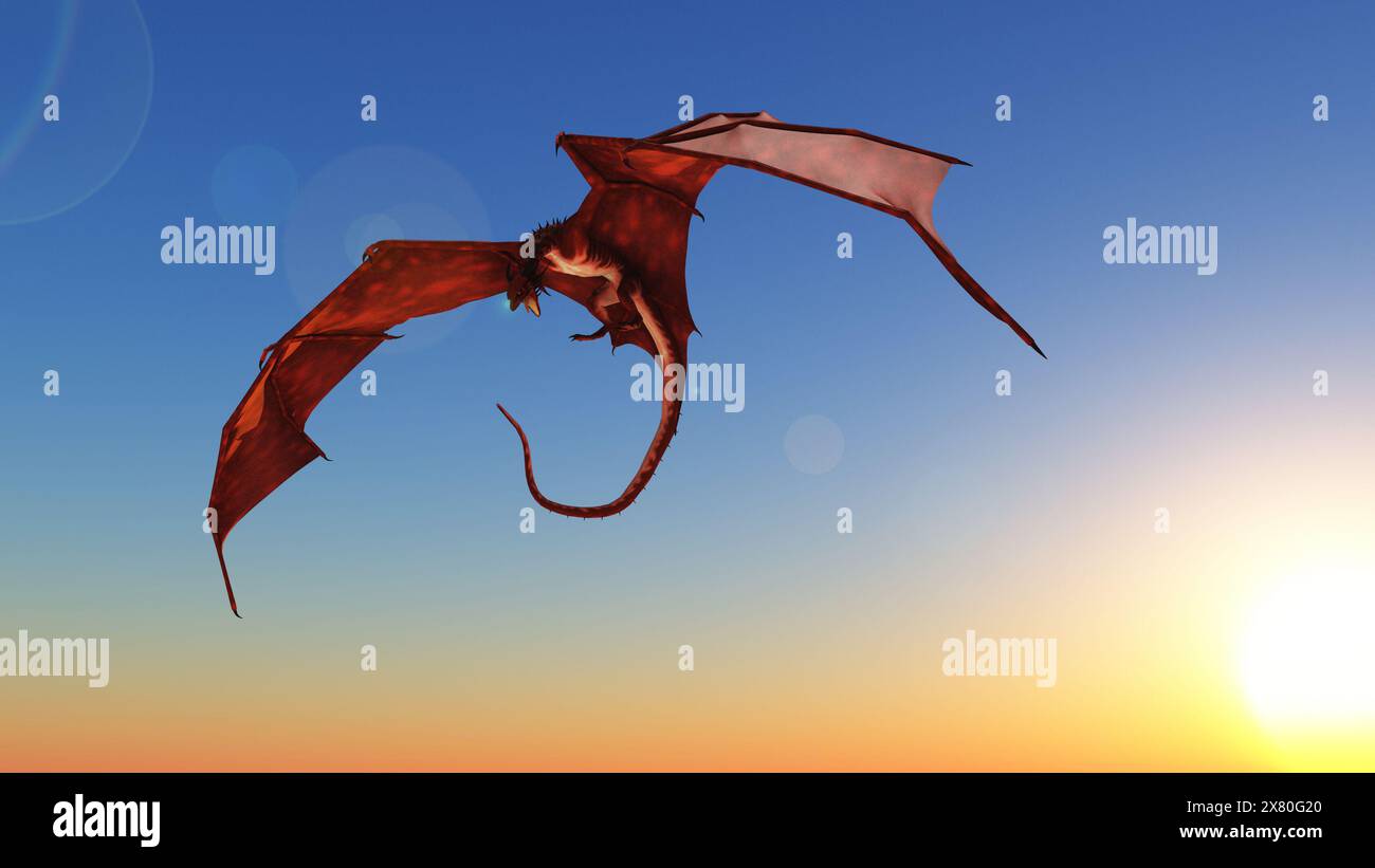 Red Dragon Attacking from a Bright Blue Sky with Sun Flare Stock Photo ...