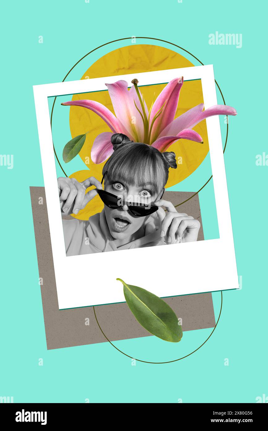 Vertical photo collage of astonished young girl take off sunglass ...