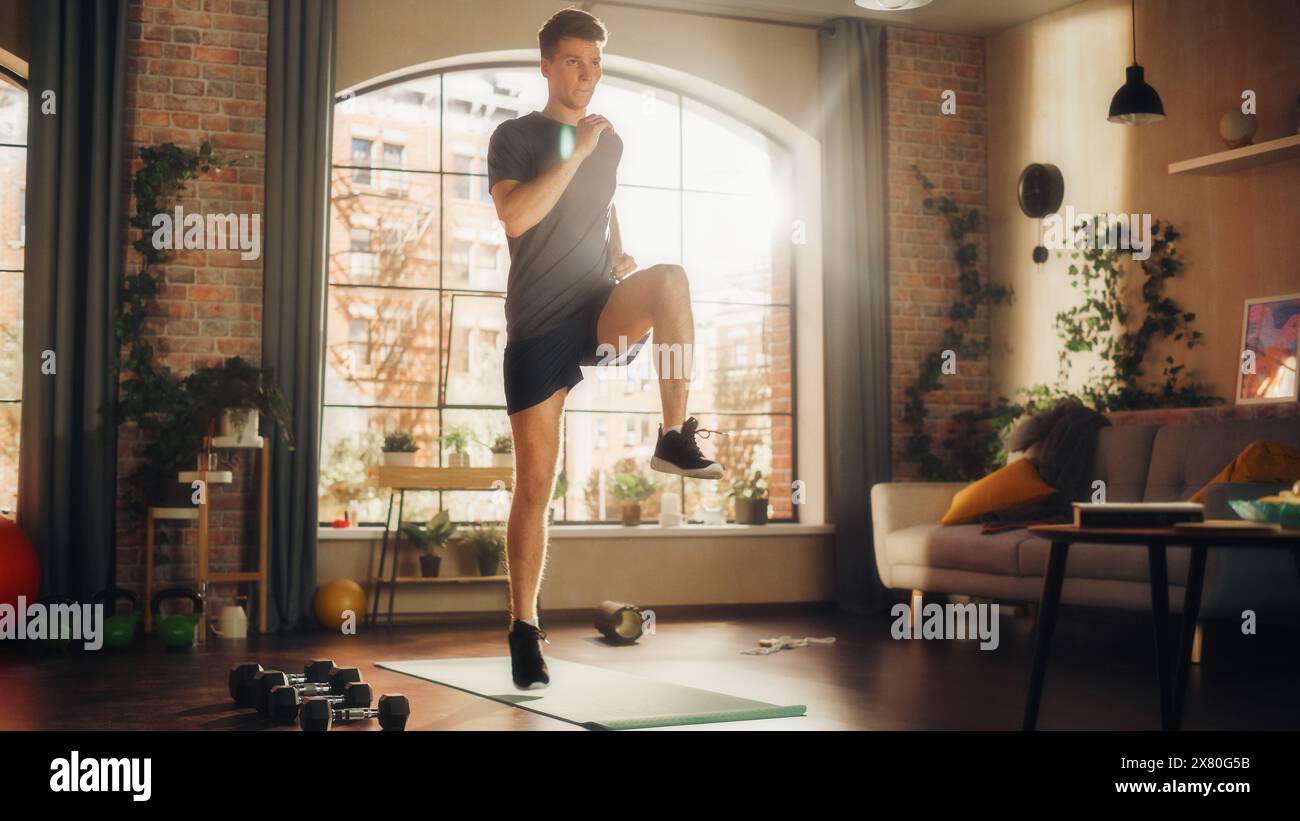 Strong Athletic Fit Young Man Doing Cardio High Knees and Core ...