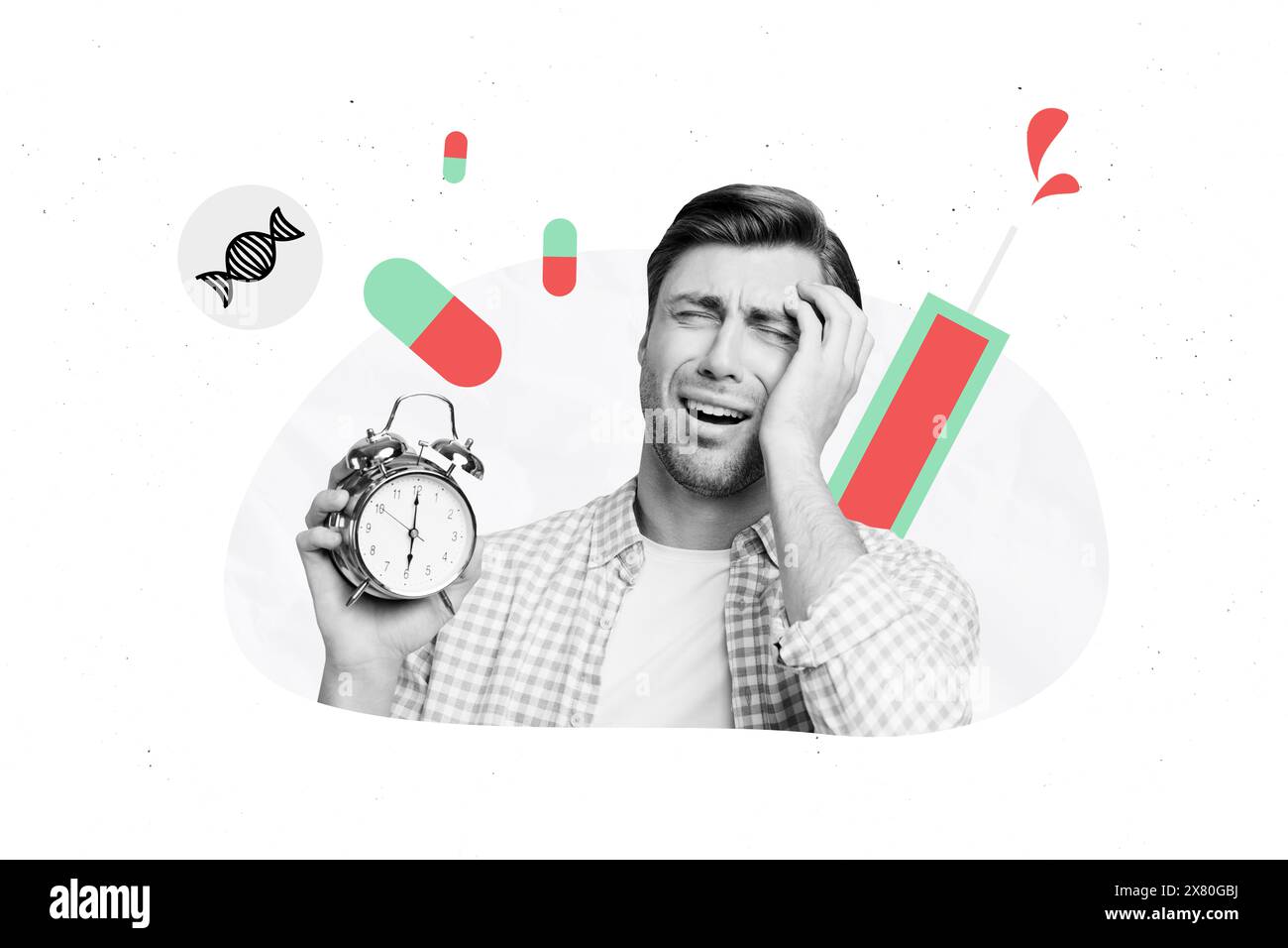 Creative picture collage clock alarm bell illness headache time ...