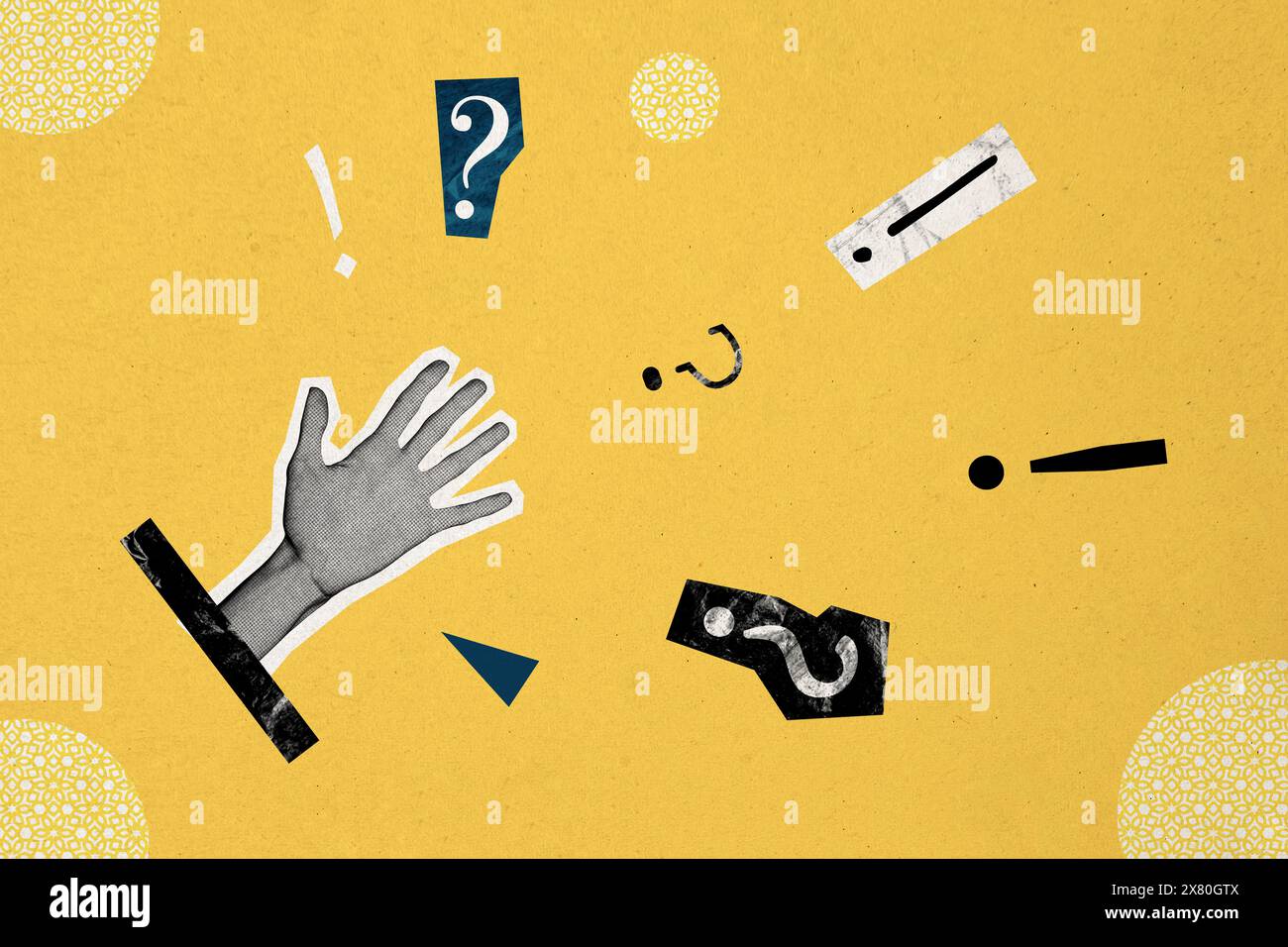 Composite photo collage of hand show palm arm question exclamation ...