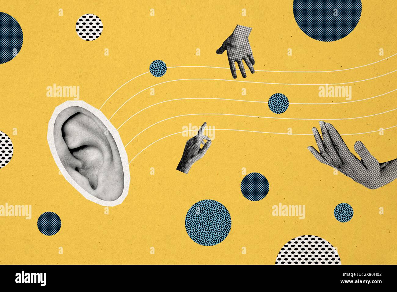 Composite photo collage of human ear listen sound waves gossips tattle ...