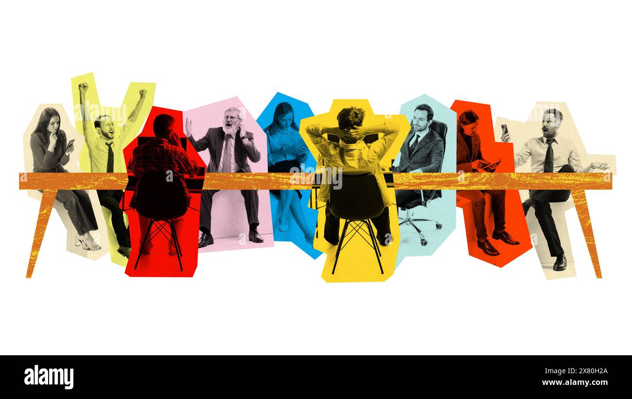 Contemporary art collage. Business people in vibrant color blocks ...