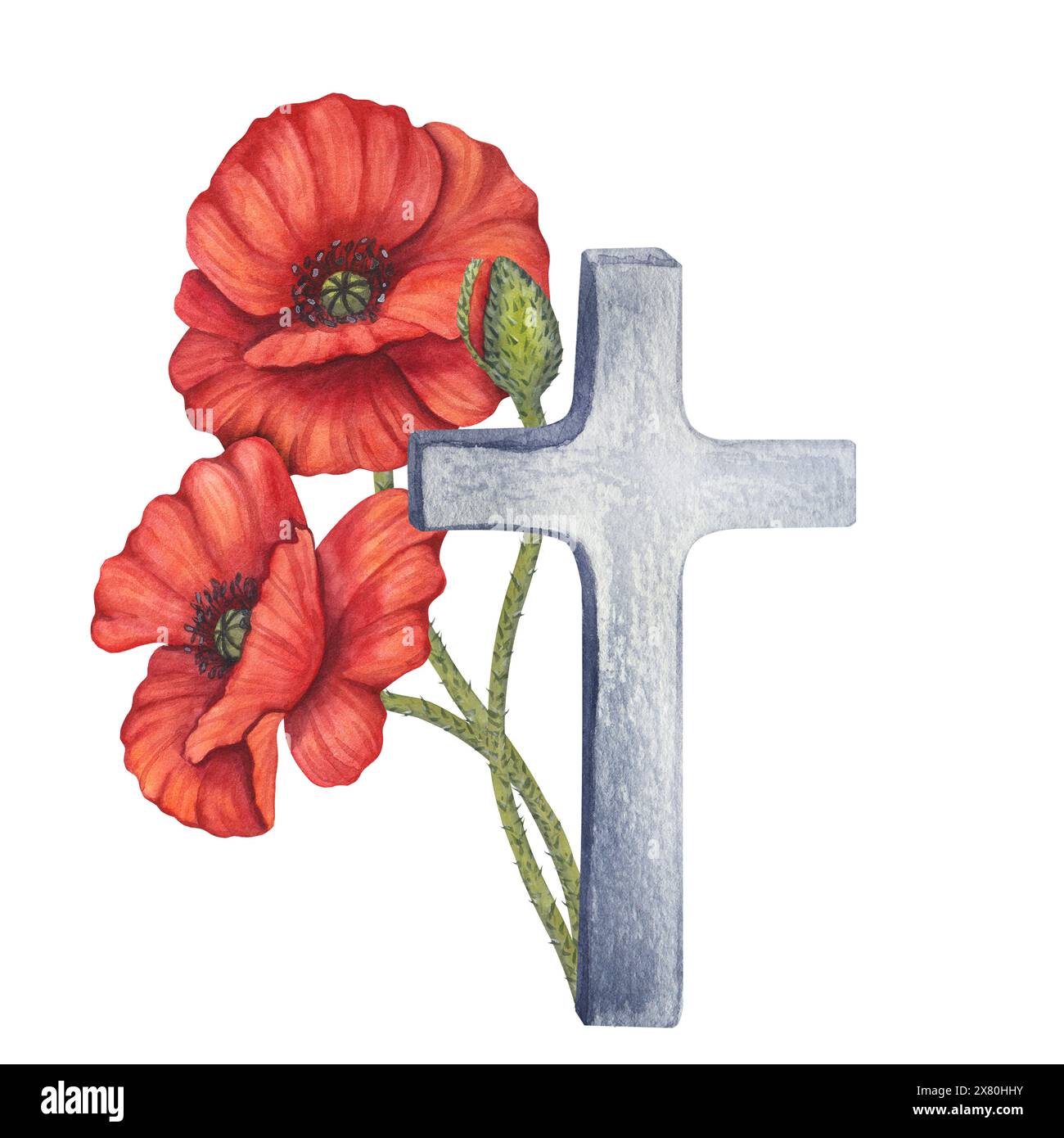 Red poppy flowers and stone cross symbol of war, Memorial Day in the ...