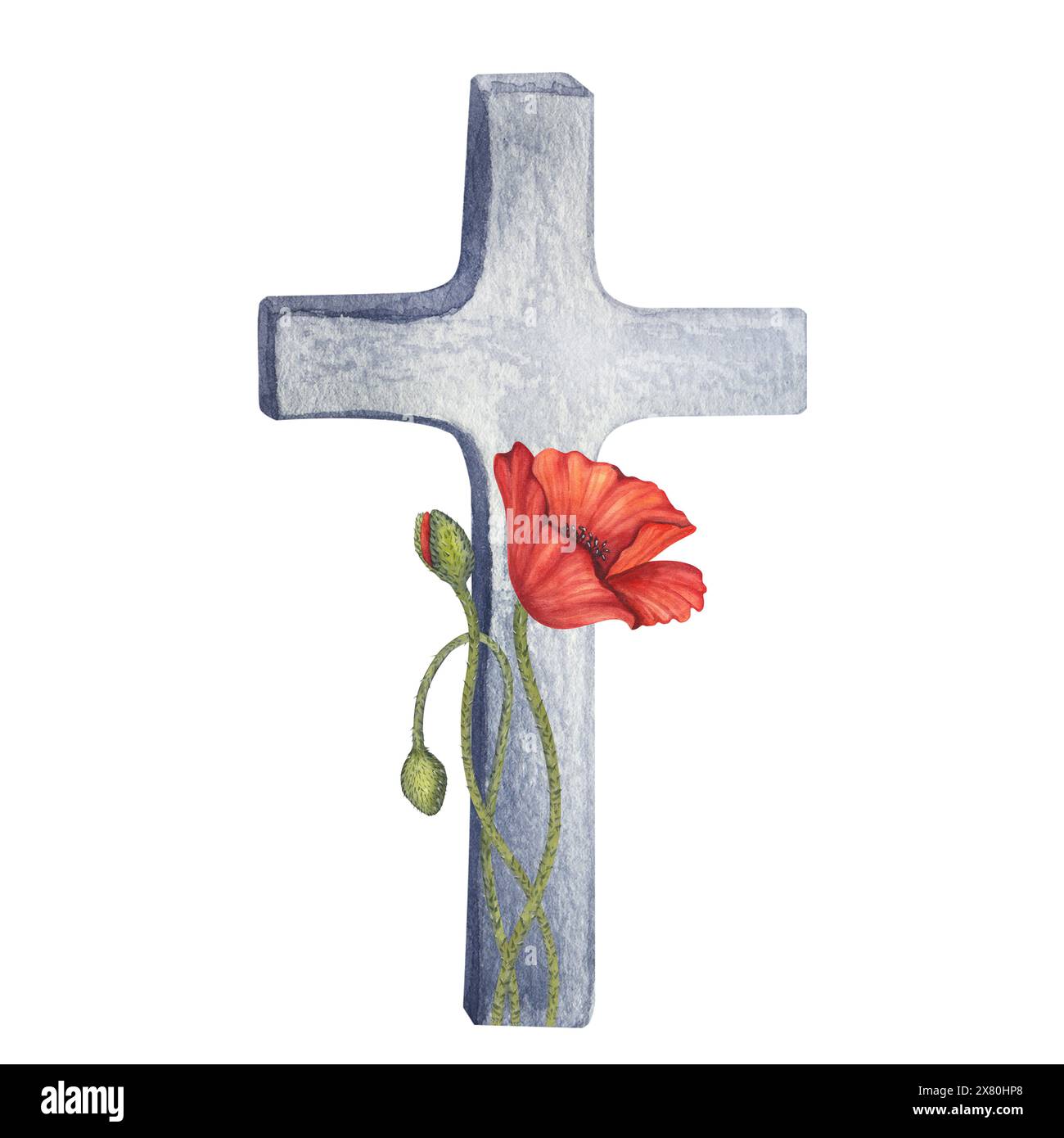 Red poppy flowers and stone cross symbol of war, Memorial Day in the ...