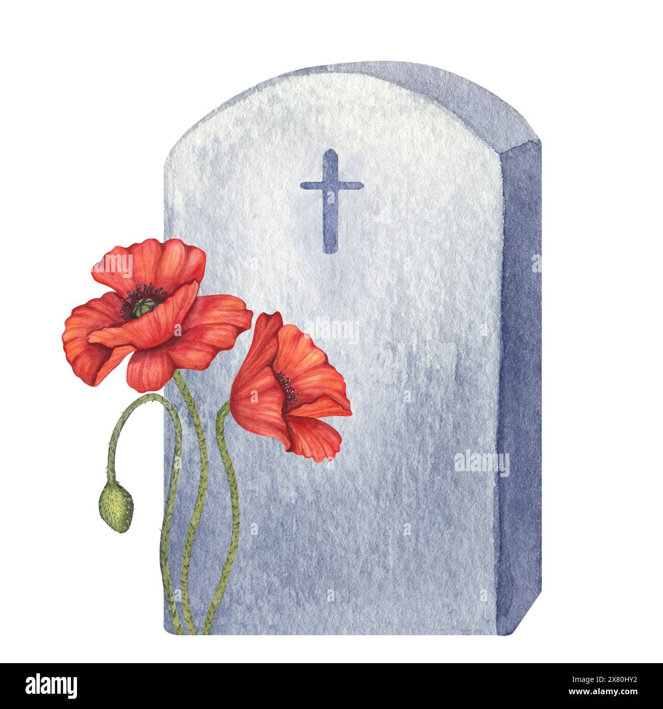 Red poppy flowers and gravestone symbol of war, Memorial Day in the USA ...