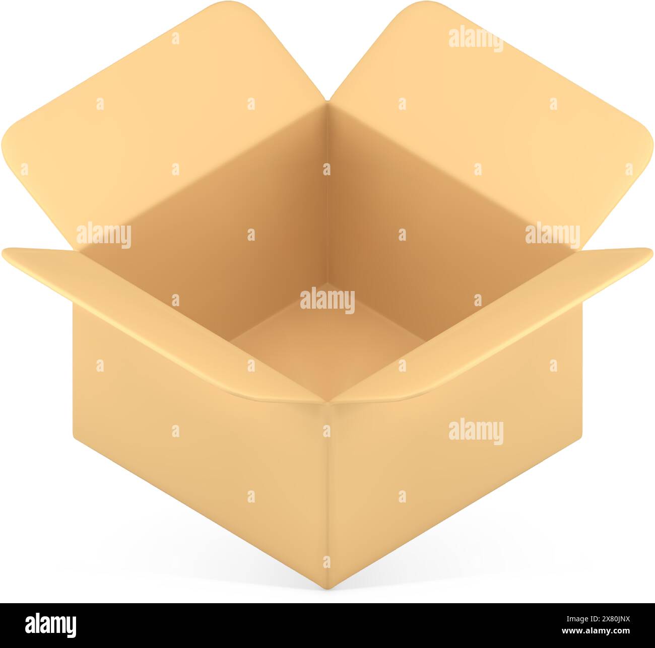 Open empty diagonally placed cardboard box putting goods and personal ...