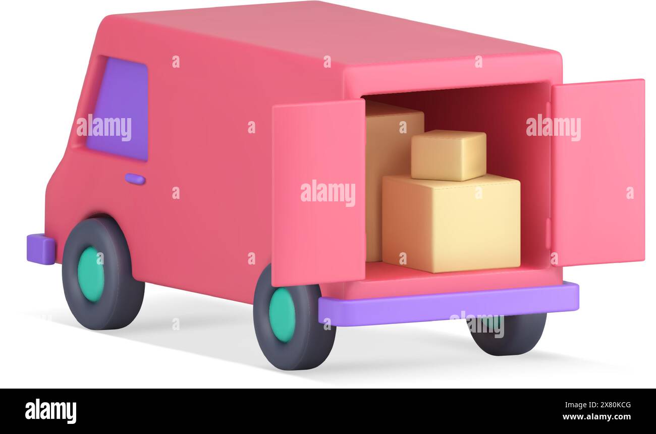 Open pink minivan full of cardboard boxes package parcel courier ...