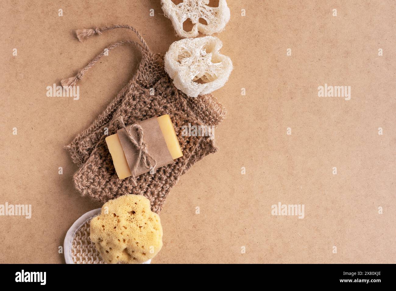 Set of eco friendly bathroom accessories. Flat lay eco friendly natural ...