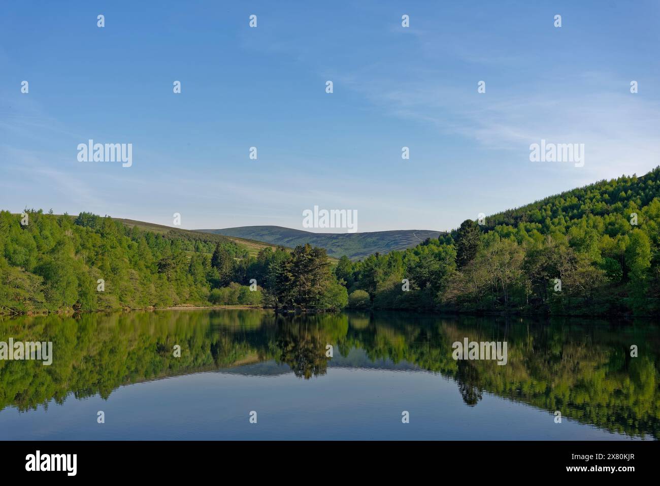 A tranquil view of the Glen Ogil Reservoir with the hills of the Angus ...