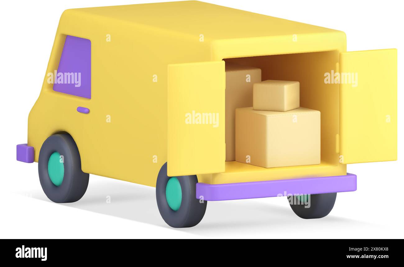 Cargo minivan yellow automobile open doors full of cardboard package ...