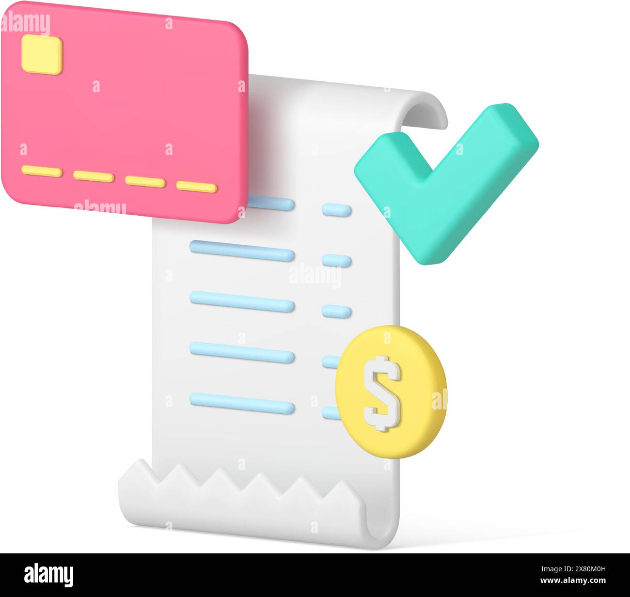 Curved realistic successful payment document with coin credit card and ...