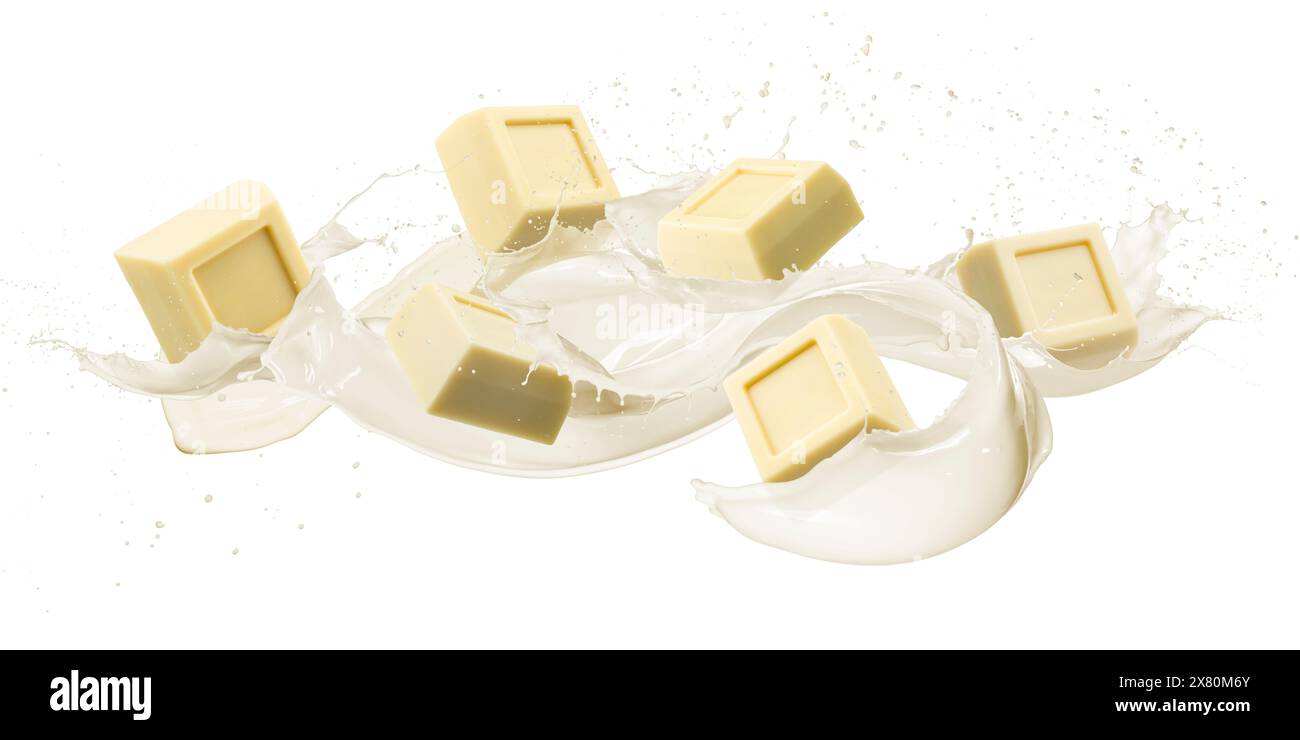 White chocolate blocks with splashing cream, isolated on white ...