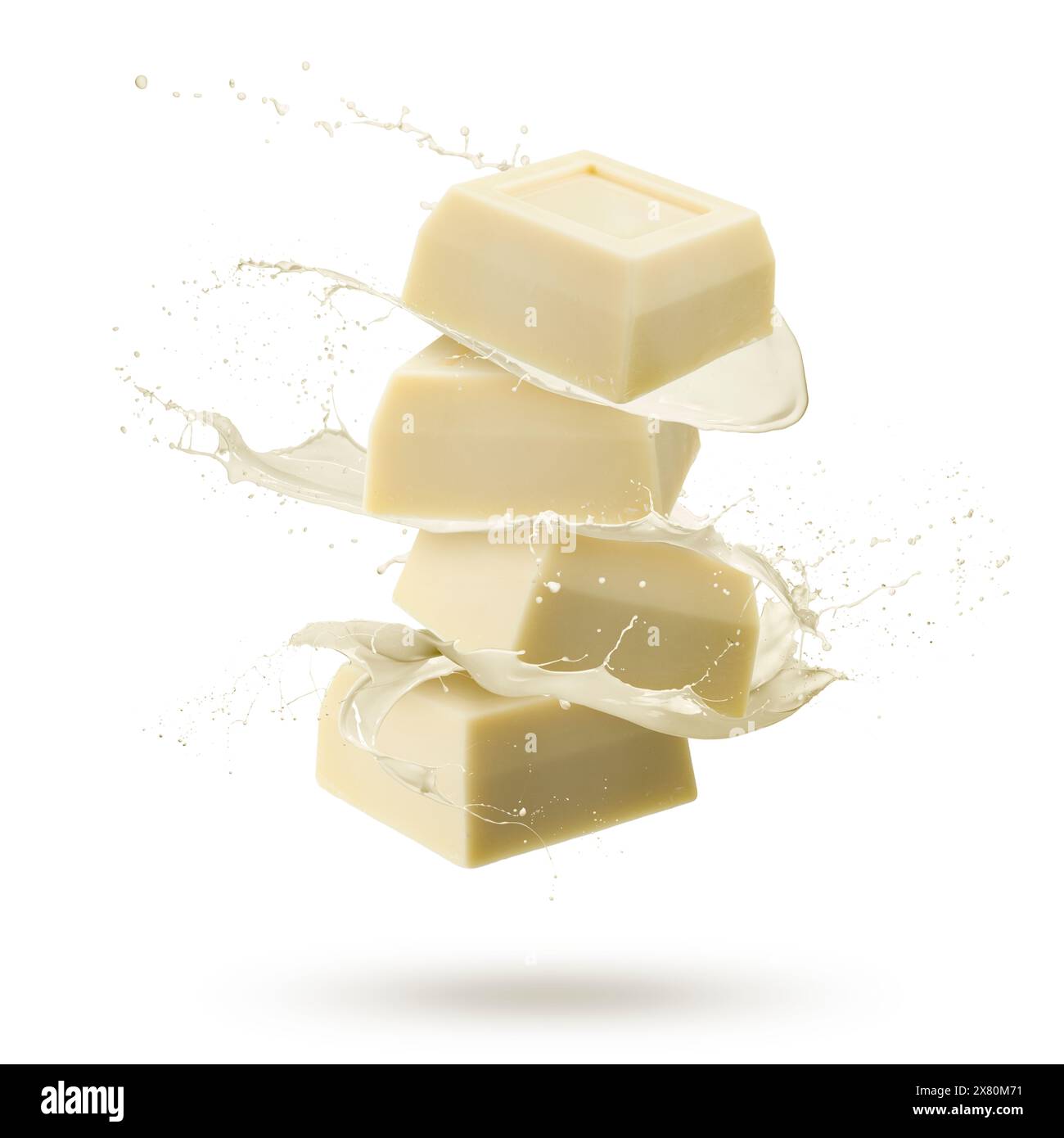 White chocolate blocks with splashing cream, isolated on white ...