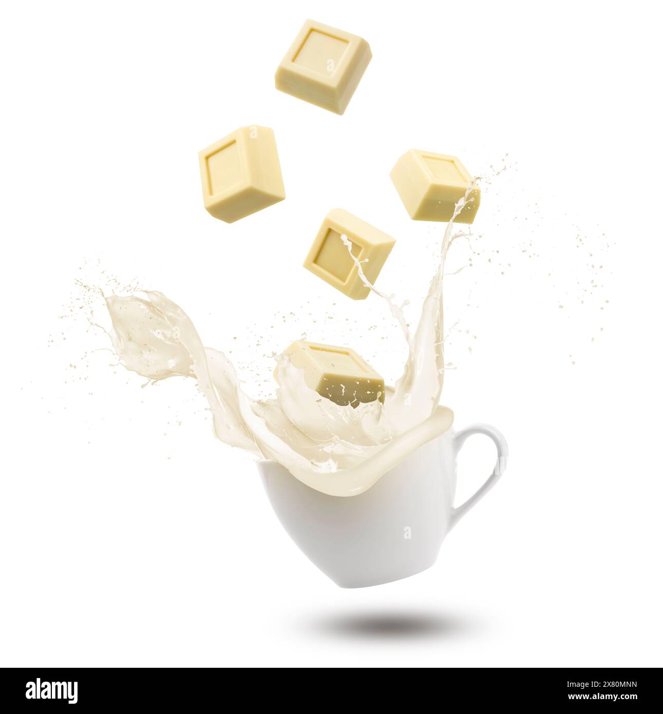 White chocolate blocks splashing into cup with cream, isolated on white ...